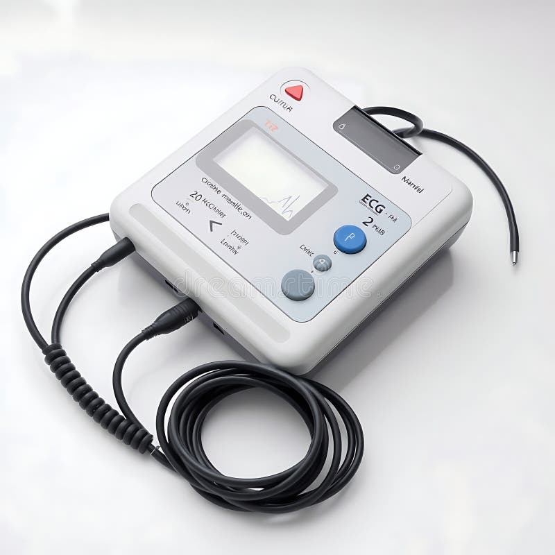 A Compact Manual ECG Machine with Coiled Wires, Placed on a Clean White ...