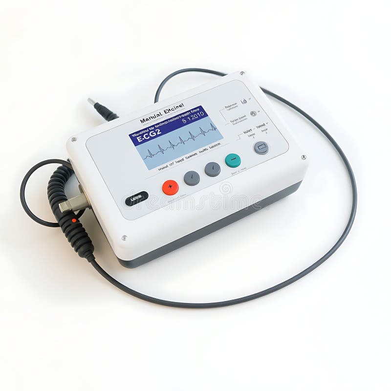 A Compact Manual ECG Machine with Coiled Wires, Placed on a Clean White ...