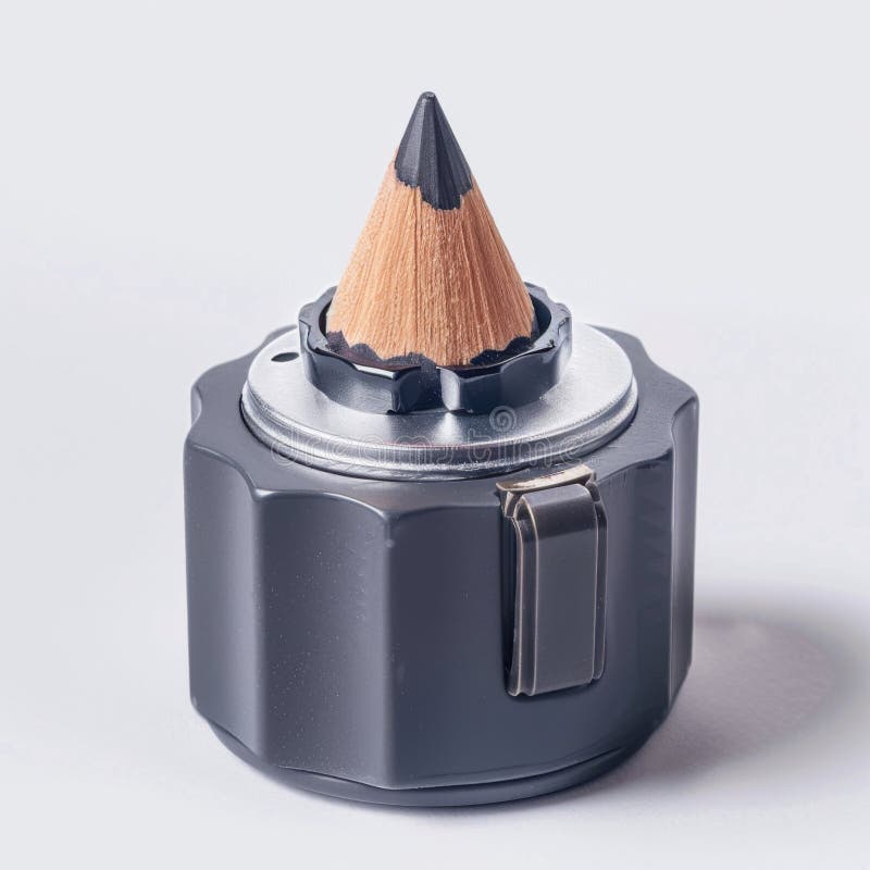 Compact Metal Pencil Sharpener with Sharpened Pencil Stub on a White ...