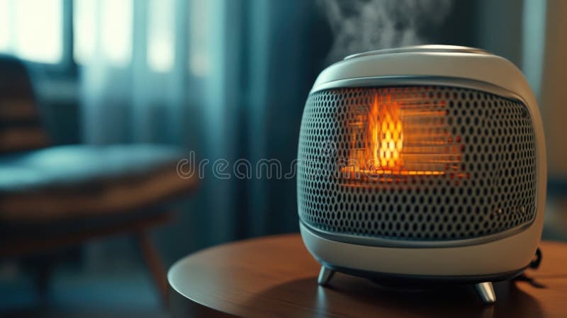 Compact Modern Heater on Wooden Table in Cozy Living Room Setting Stock ...