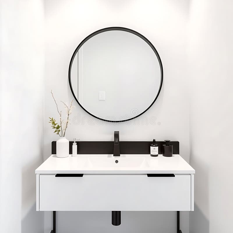 Compact Modern Vanity with a Circular Mirror Black and White Contrast ...