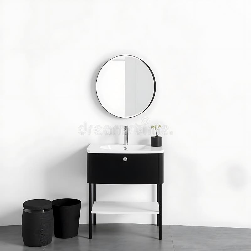 Compact Modern Vanity with a Circular Mirror Black and White Contrast ...