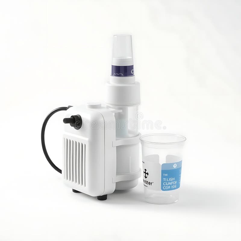 A Compact Nebulizer with a Small Compressor and Medicine Cup on White ...