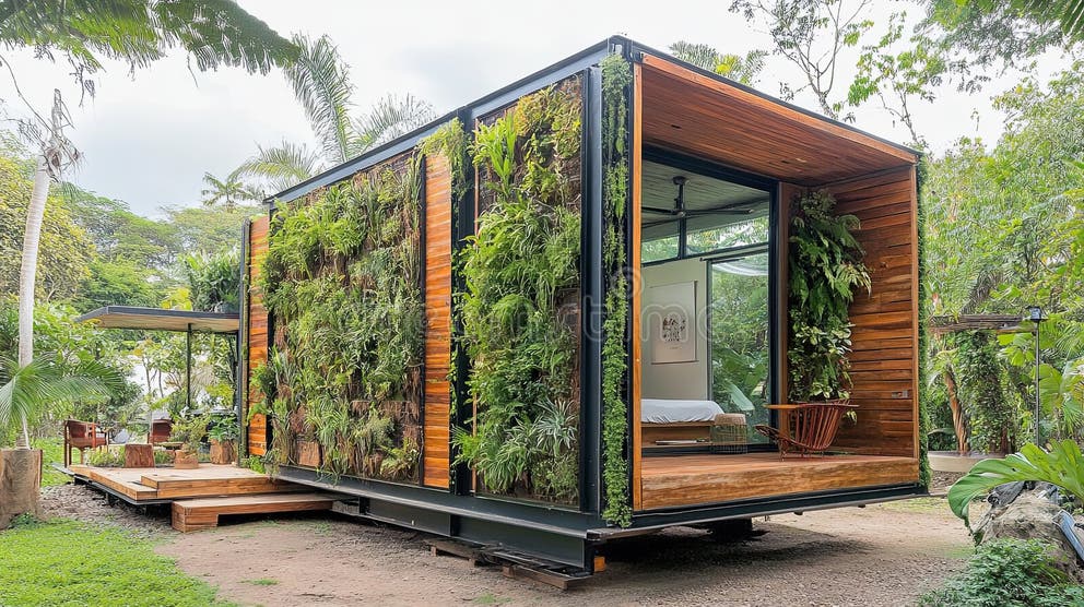 Compact Off-grid Home with Vertical Garden. Stock Photo - Image of ...