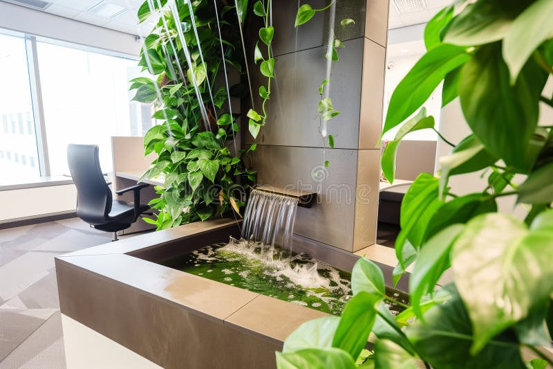 Compact Office with a Corner Water Blade Feature and Greenery Stock ...
