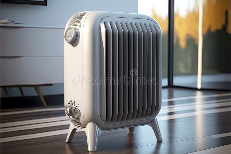 Compact Platinum-coloured Heating Radiator on Four Legs Stock ...