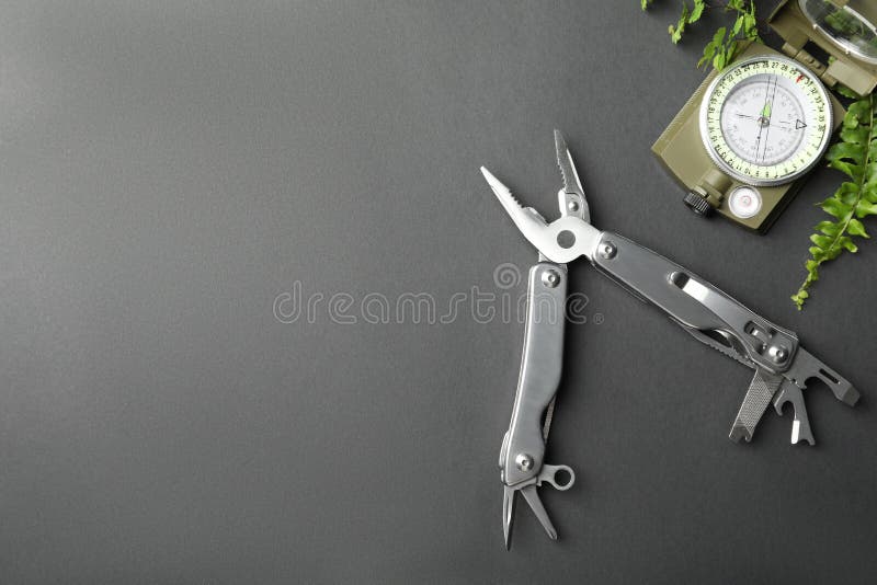 Compact Portable Metallic Multitool, Compass and Green Leaves on Grey ...