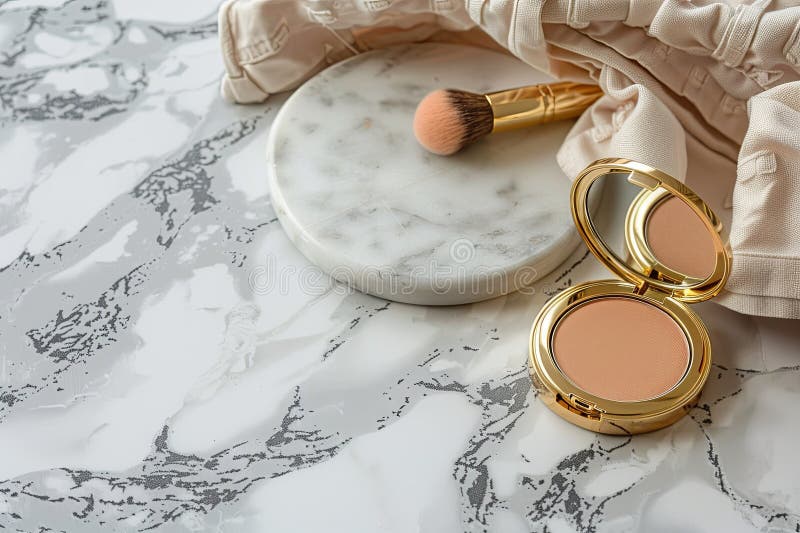 A Compact Powder and Blush Case Sits on a Marble Surface, Ready for ...