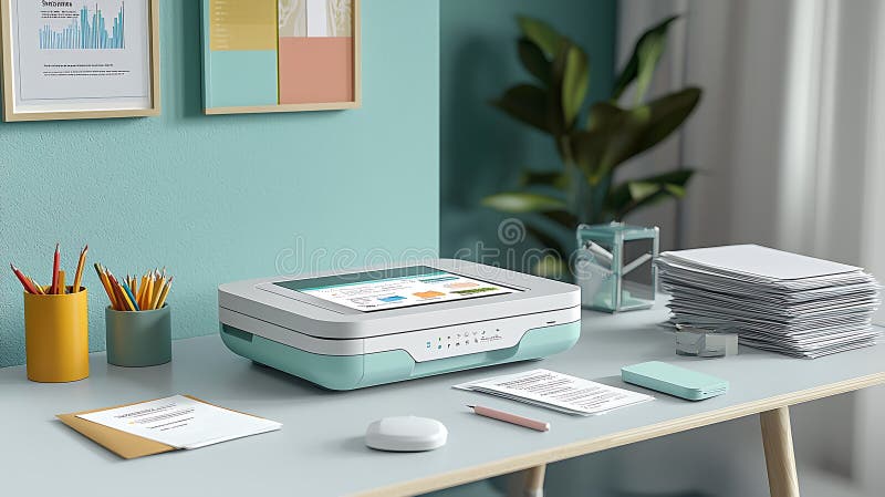 Compact Printer on Desk with Documents and Stationery Stock Photo ...