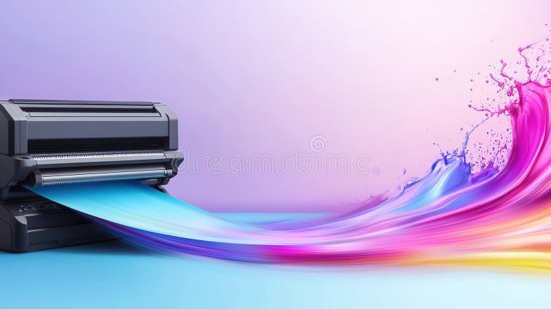 Compact Printer Sits on a White Surface with Colored Pencils and Paint ...