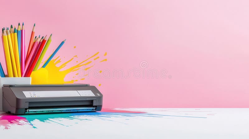 Compact Printer Sits on a White Surface Vibrant Colored Pencils and ...