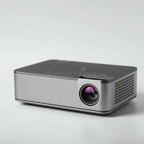 Compact Projector with a Sleek, Rectangular Design. the Body is Silver ...