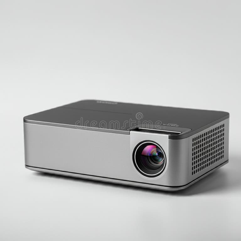Compact Projector with a Sleek, Rectangular Design. the Body is Silver ...