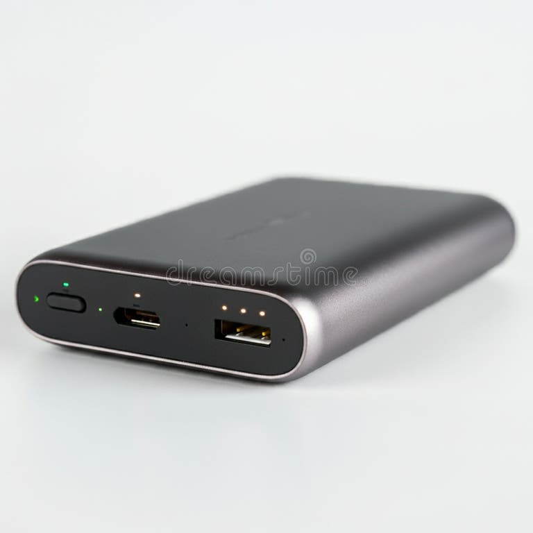 A Compact, Rectangular Power Bank with a Metallic Finish, Featuring USB ...