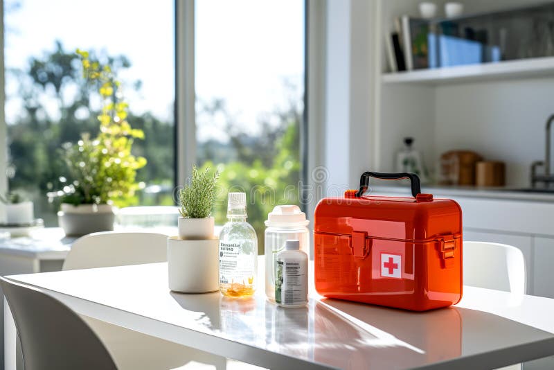 Compact Red First Aid Kit Closed on a Modern White Table, Positioned ...