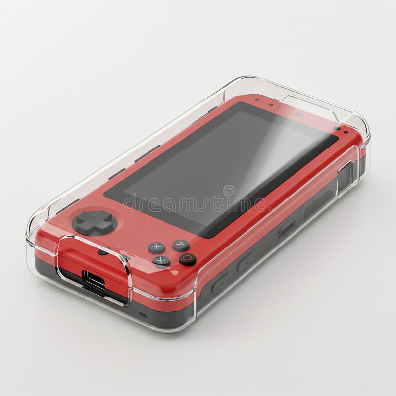 A Compact, Red Handheld Gaming Console Encased in a Clear Protective ...