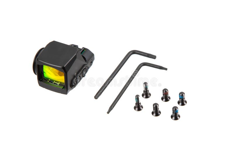 Compact Reflex Sight with Mounting Tools and Screws on White Back Stock ...