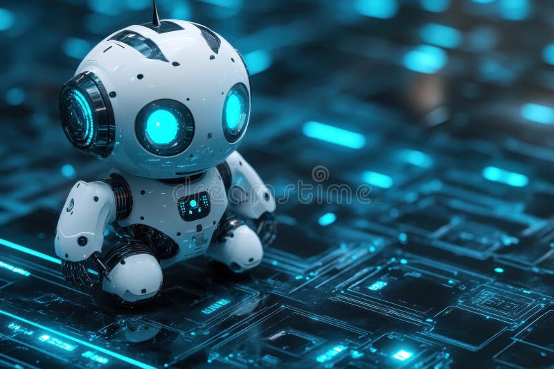 A Small Futuristic Robot with Glowing Blue Eyes Stands on a Circuit ...