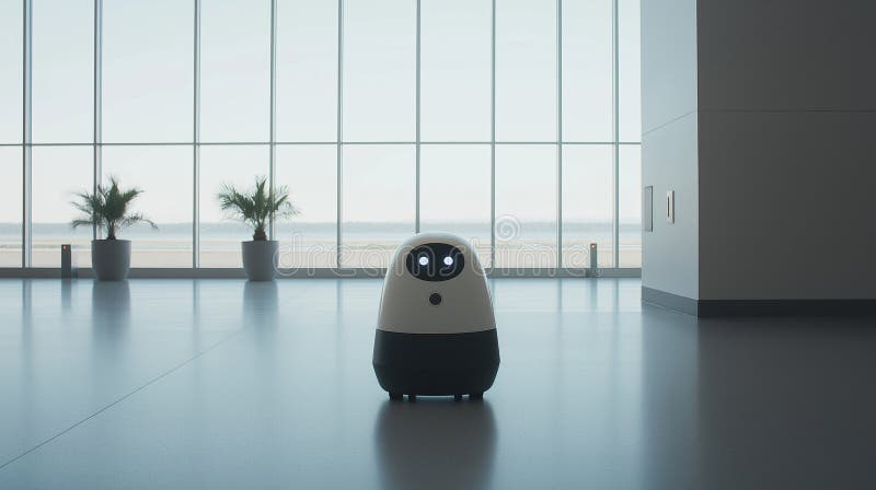 Compact Robot with Glowing Eyes in a Modern Open Space. Artificial ...