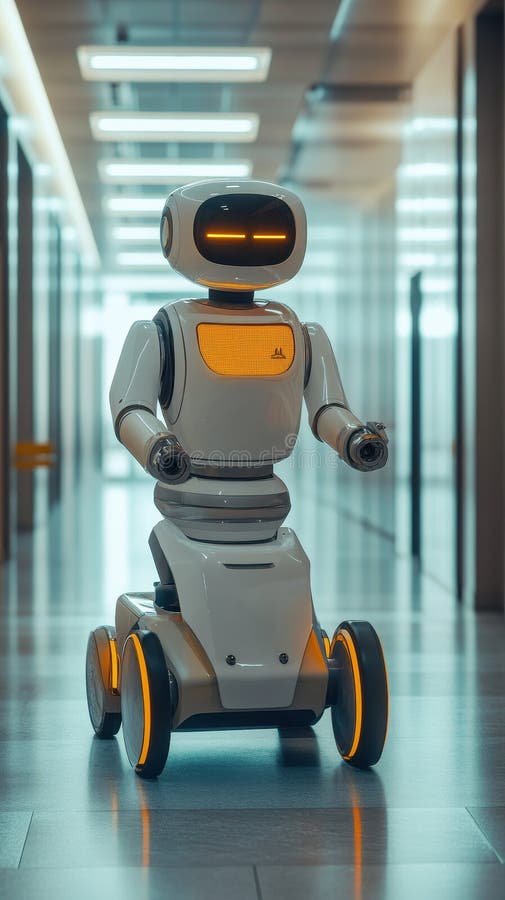 Compact Robot on Wheels in a Futuristic Office Corridor Stock Image ...