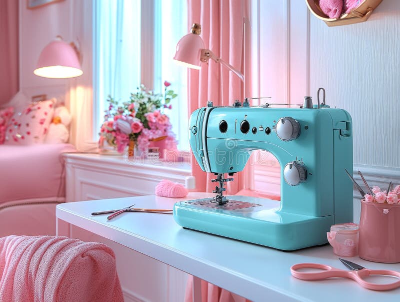 Compact Sewing Machine in Pastel Blue is Arranged on Tidy Desk Designed ...