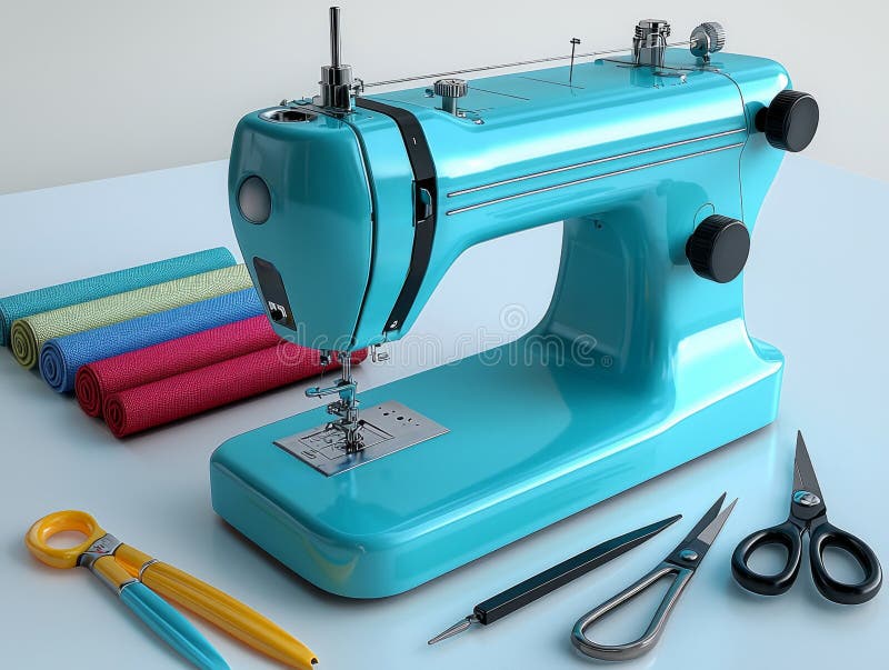 Compact Sewing Machine in Pastel Blue is Positioned on Clean Desk ...