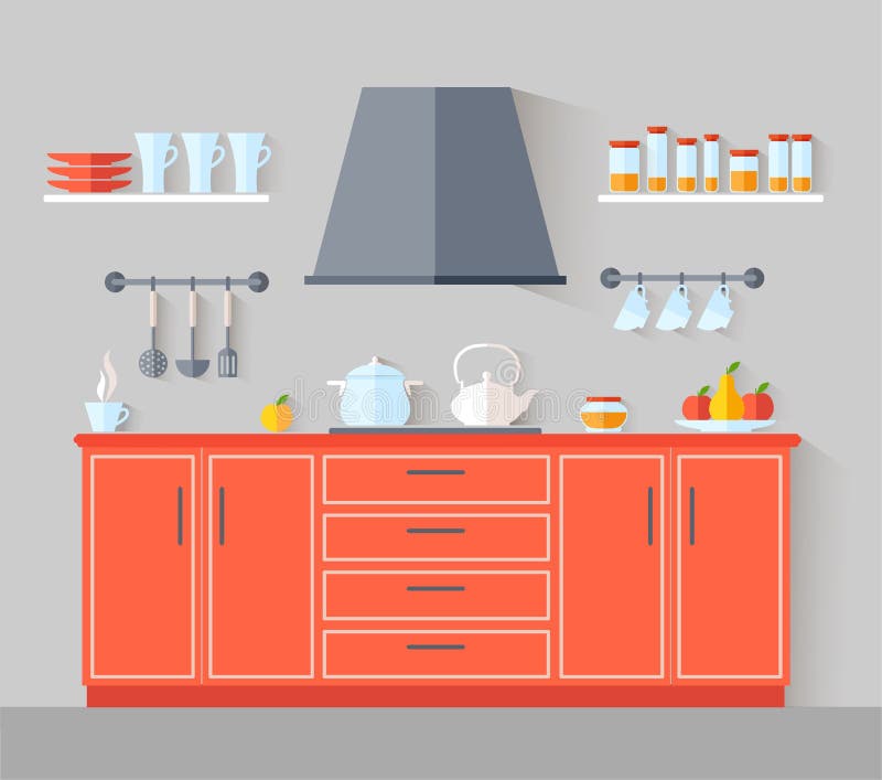 Compact Small Kitchen in Red. Vector Banner with Kitchen Interior Stock ...