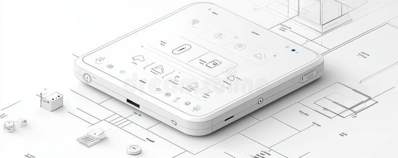 Compact Smart Home Device Placed on Detailed Technical Blueprint ...