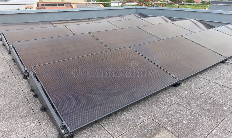 Compact Solar Panel System Installation on Modern Rooftop Terrace Stock ...