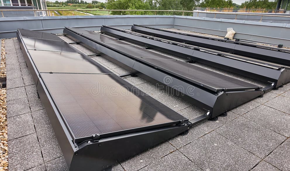 Compact Solar Panel System Installation on Modern Rooftop Terrace Stock ...