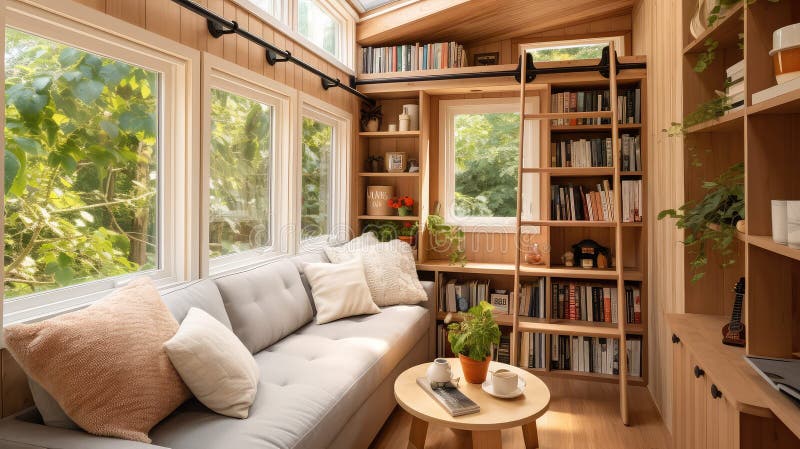 Compact Tiny House Interior Stock Illustration - Illustration of serene ...