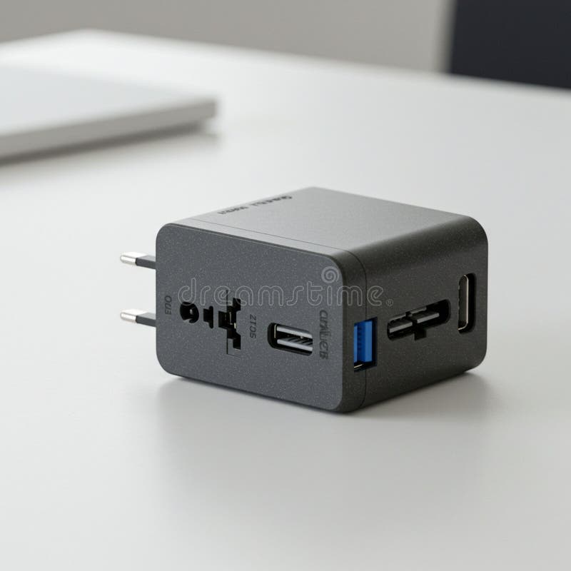 A Compact Travel Adapter with a Sleek, Black Design Sits on a Light ...