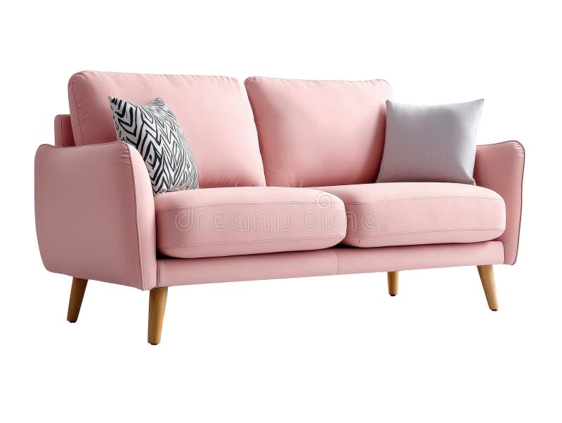 Compact Two Seater Sofa in Pastel Pink with Decorative Cushions Stock ...