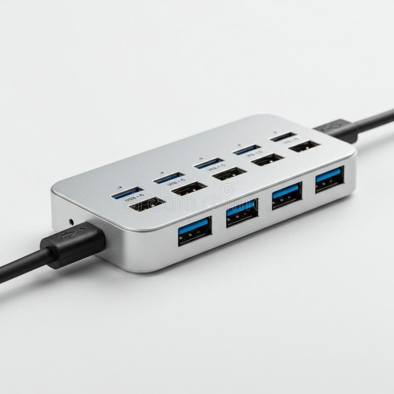 Compact USB Hub with a Sleek, Metallic Finish Featuring Seven USB Ports ...