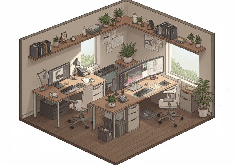 A Compact, Well-organized Office Space with Two Workstations Featuring Computers, Stock ...