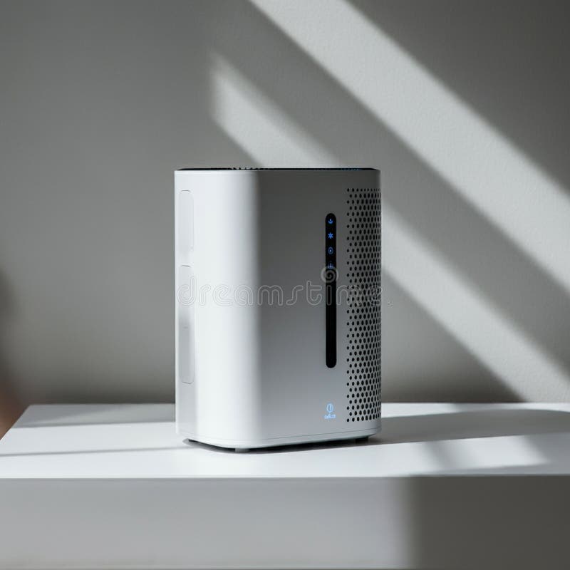 Compact, White Air Purifier on a White Table. Rectangular with Rounded ...