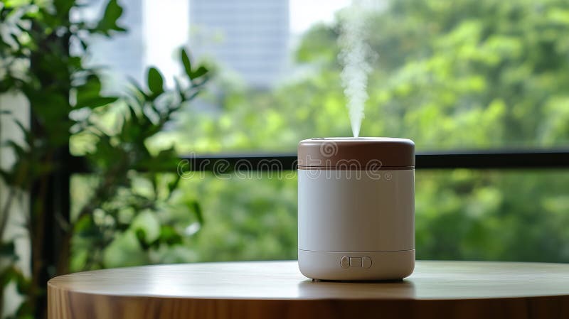 A Compact White Aroma Diffuser Standing on a Wooden Table, with Visible ...
