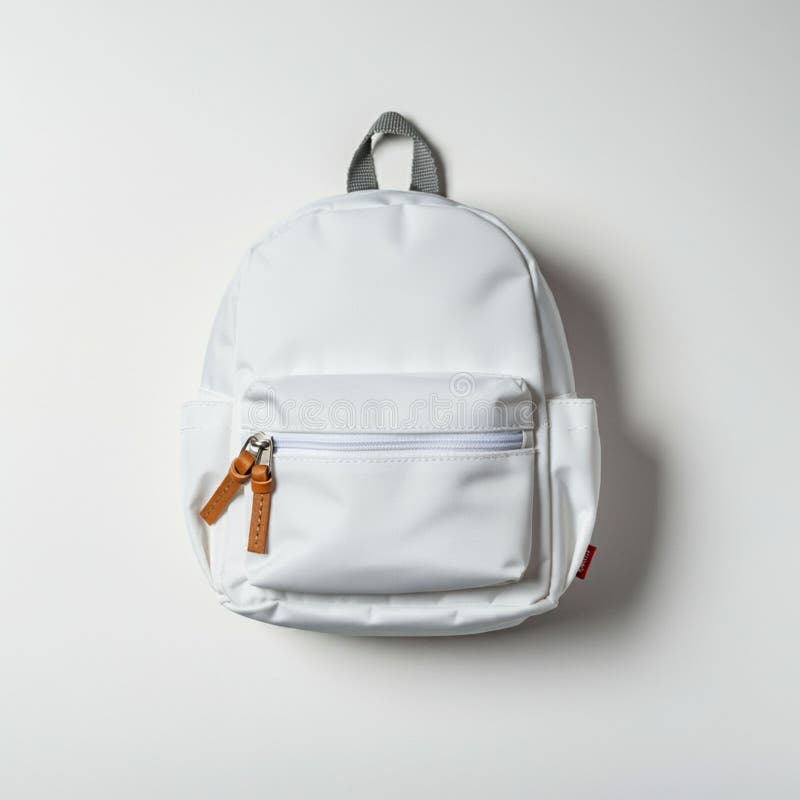 Compact White Backpack with a Minimalist Design, Lying Flat on a Light ...