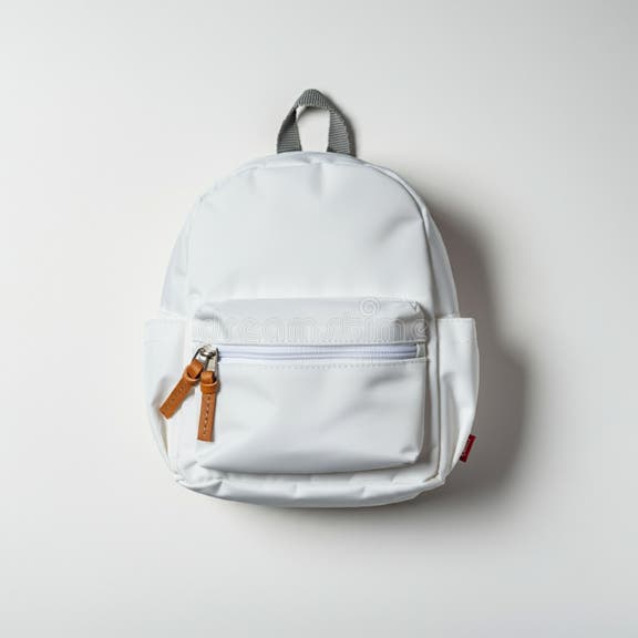 Compact White Backpack with a Minimalist Design, Lying Flat on a Light ...