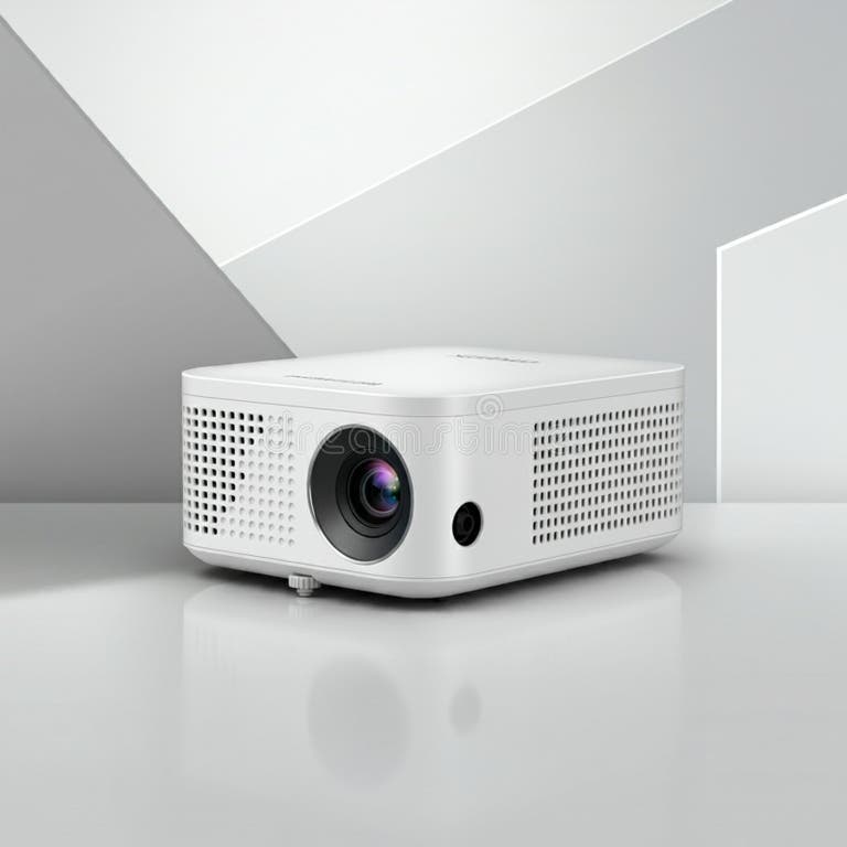 A Compact, White Digital Projector Placed on a Smooth, Reflective ...