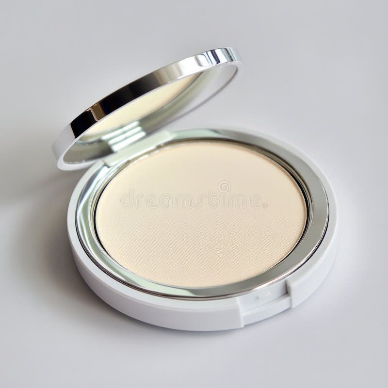 Compact White Face Powder in Open Metal Case on Neutral Background ...