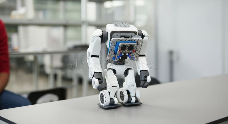 Compact White Humanoid Robot Standing on Desk in Modern Office Setting ...