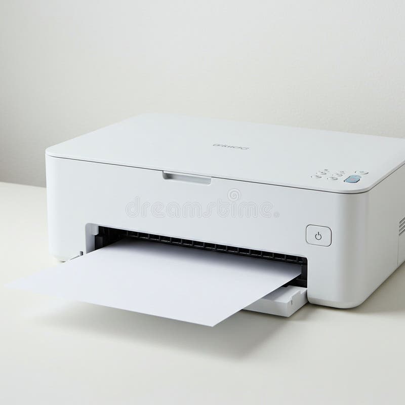 A Compact White Printer Sits on a Flat Surface, with a Sheet of Paper ...