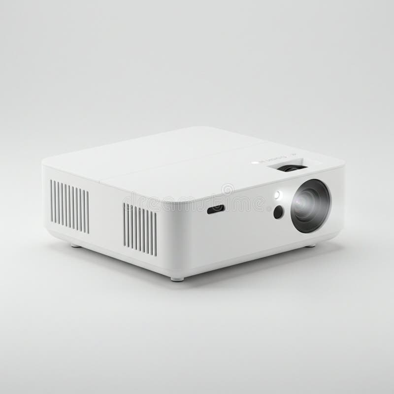 Compact White Projector Featuring a Sleek Design. Its Rectangular Body ...