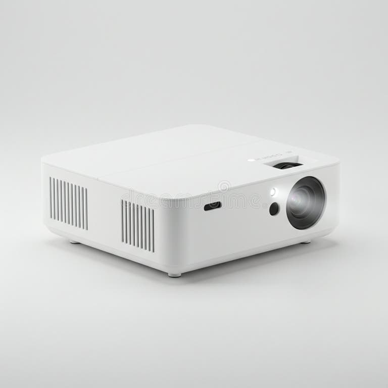 Compact White Projector Featuring a Sleek Design. Its Rectangular Body ...