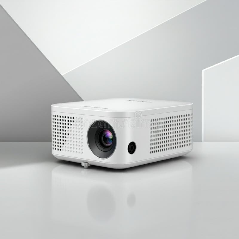 Compact White Projector with a Sleek, Modern Design on a Reflective ...