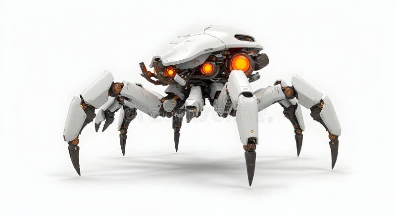 Compact White Robotic Spider with Sharp Legs and Orange Eyes ...