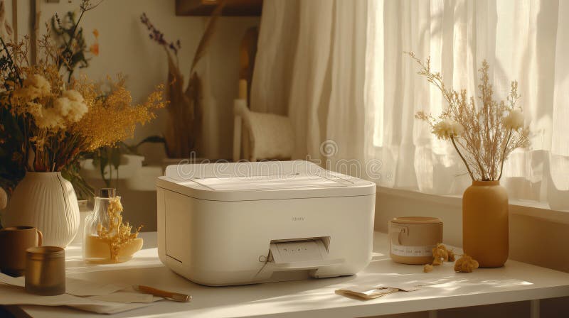 Compact Wireless Printer Sitting on Minimalist White Desk in Cozy Home ...