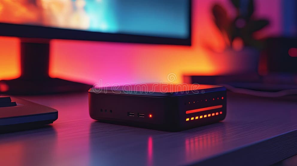 A Compact Wireless Router on a Desk with Glowing Indicators Pic Stock ...
