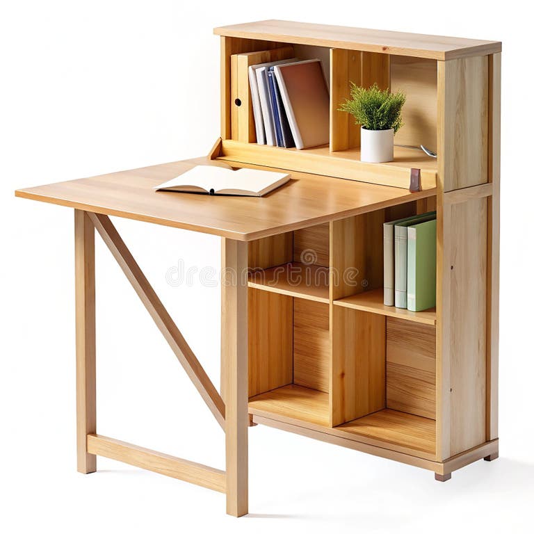 Compact Wooden Foldable Study Desk with Hidden Bookshelf Stock ...